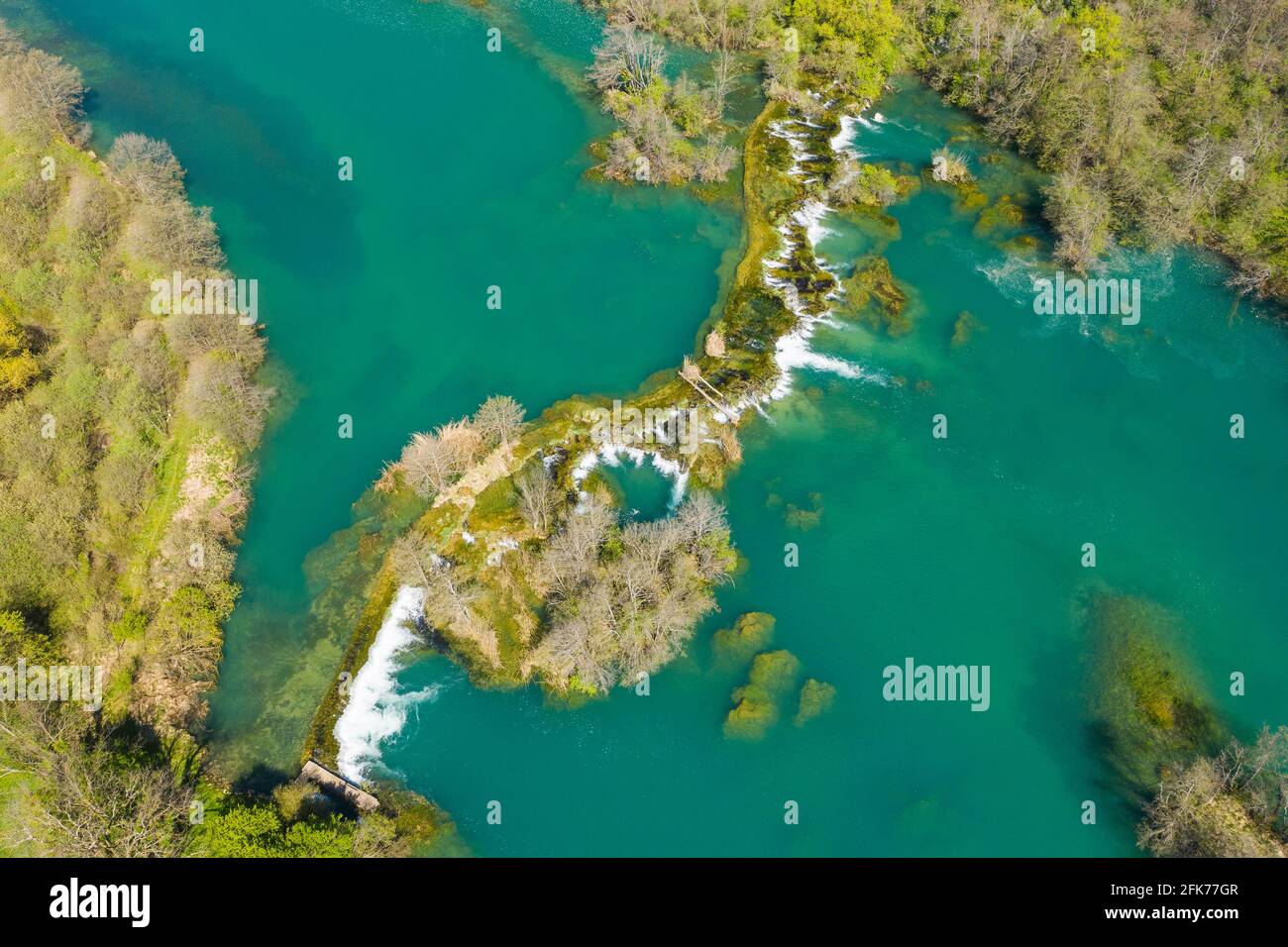 Drone overhead view of waterfalls on Mreznica river, top down view ...