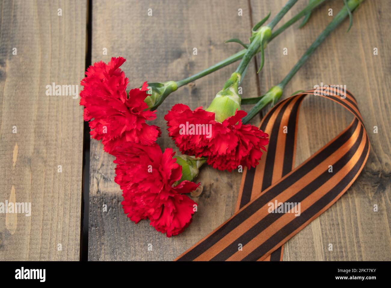 three red carnations with a St. George ribbon on a wooden background ...