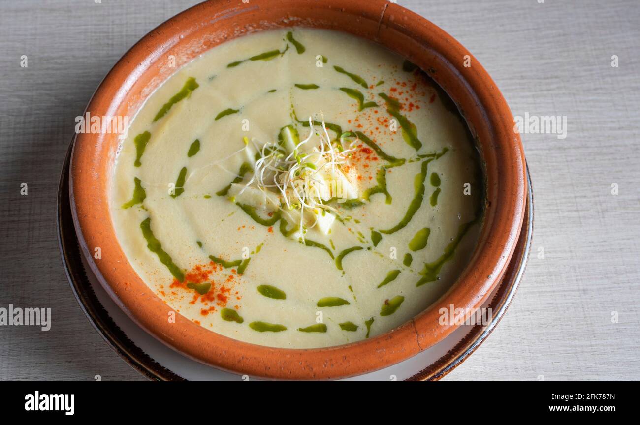 Fennel cream served on a clay plate. Vegan cuisine Stock Photo - Alamy