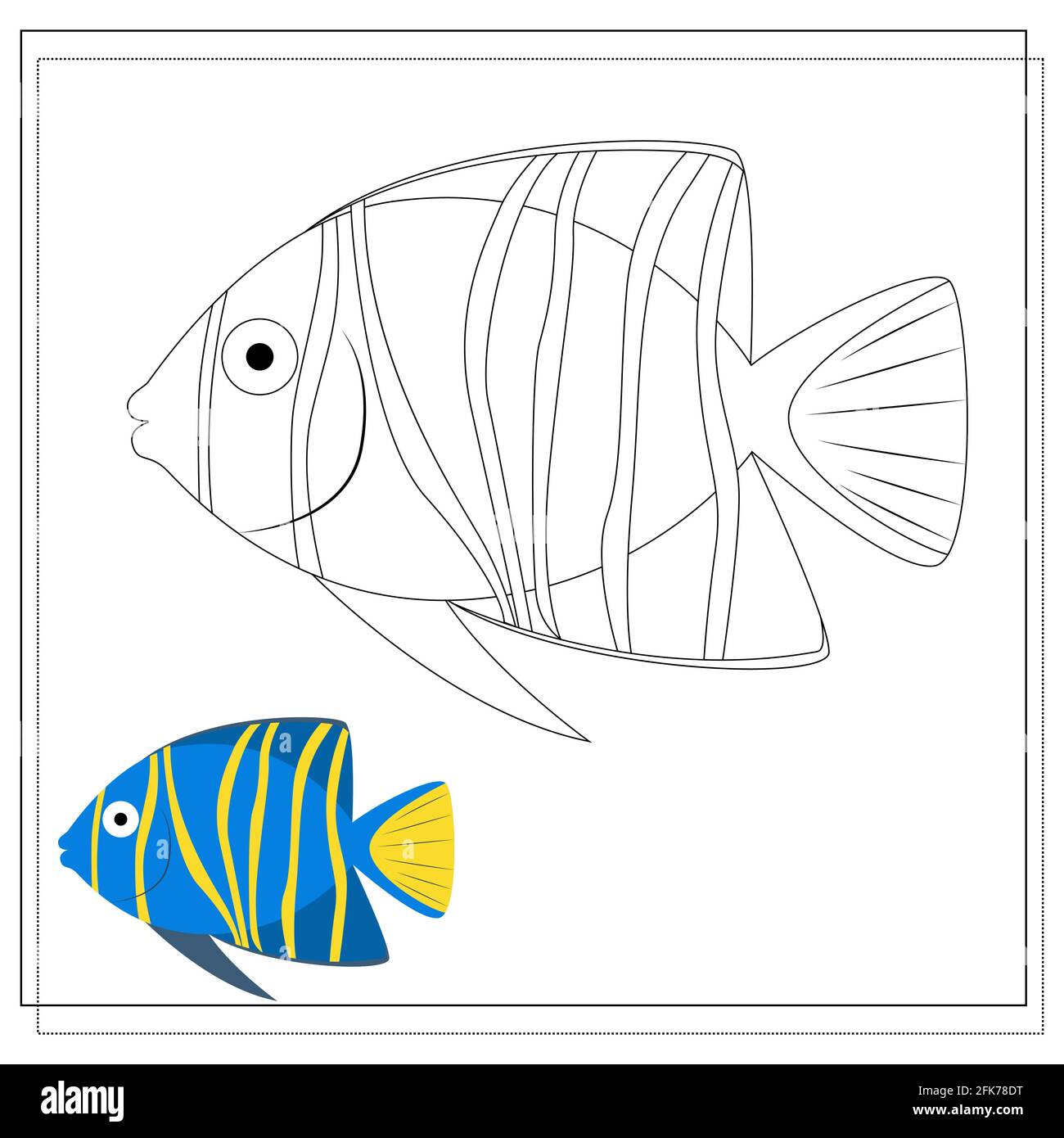 The page of the coloring book, blue fish with yellow stripes. Color ...