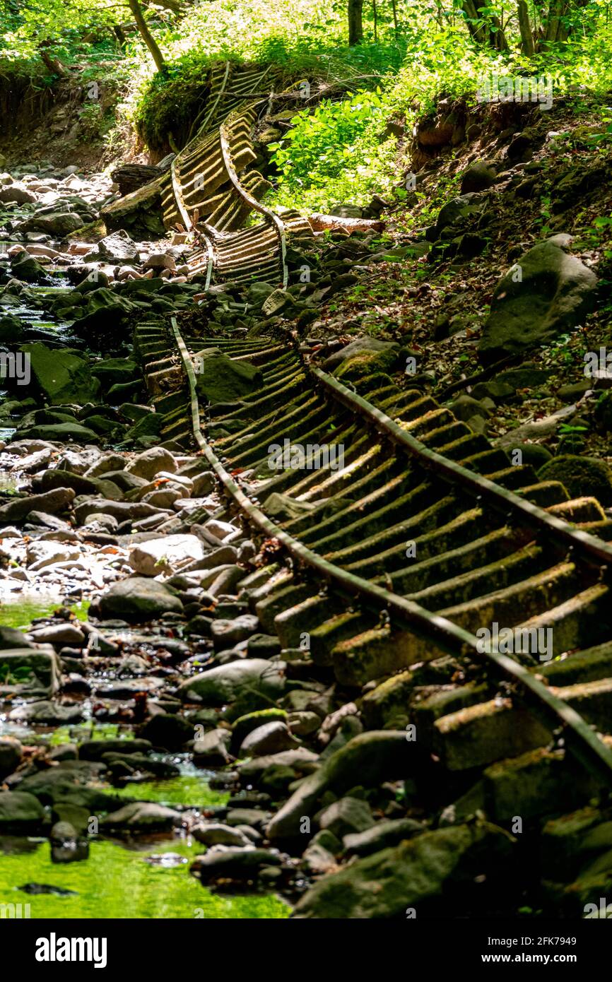 Old abandoned mining train rails in the forest Stock Photo - Alamy