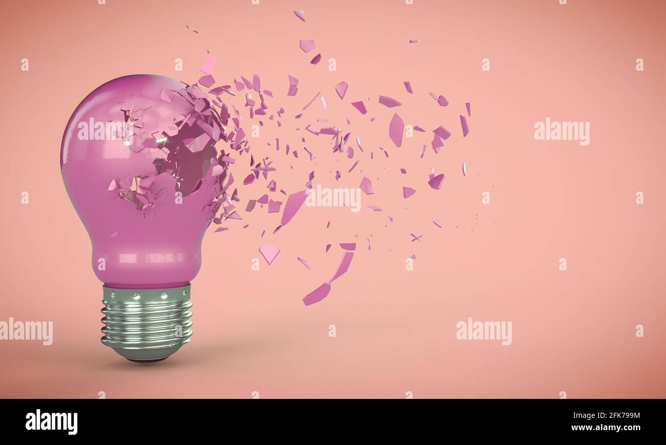explosion of a purple electric light bulb on a pink background. 3d ...