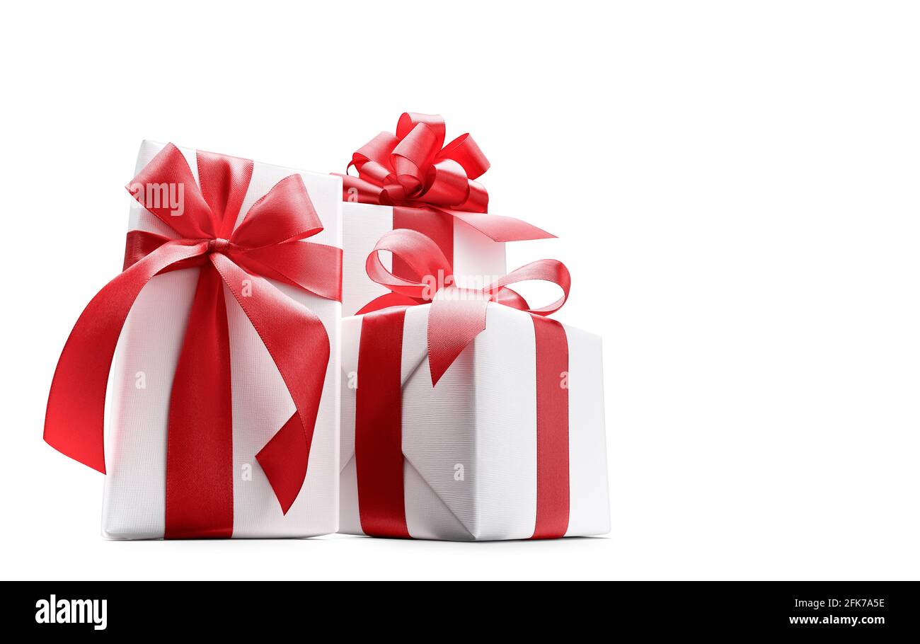 Low-angle shot of white color gift boxes with red bows isolated on ...