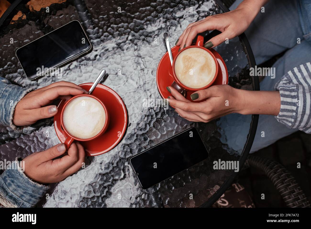 Flat Lay Two Women Friends Drinking Coffee in a Cafe Outdoors, Lunch ...