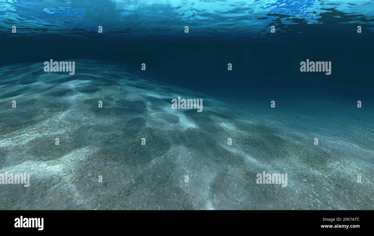 3D illustration - Underwater landscape with a camera from the surface ...