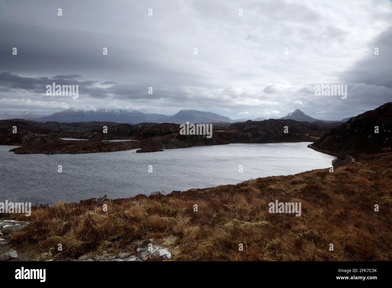 The mountains of Foinavon, Arkle and Ben Stack from Loch nam Brac ...