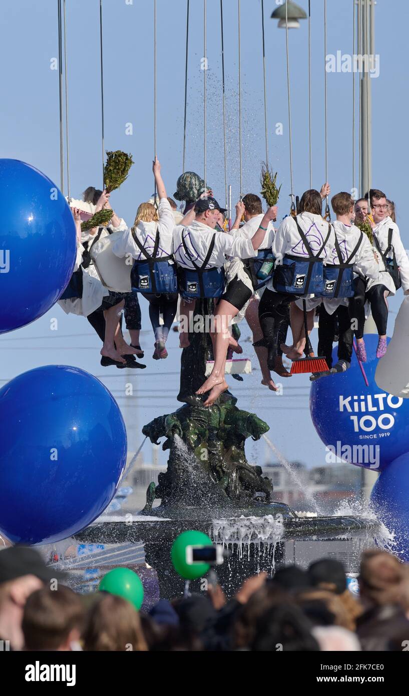 Helsinki, Finland - April 30, 2019: People celebrating placement of the ...