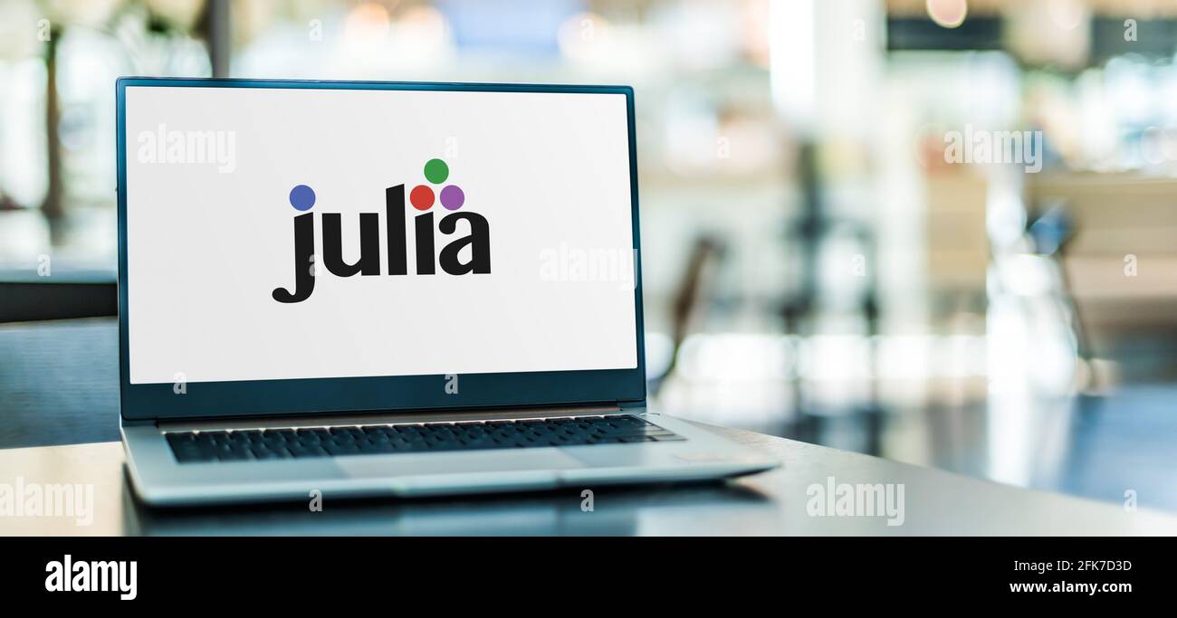 POZNAN, POL - APR 15, 2021: Laptop computer displaying logo of Julia, a ...