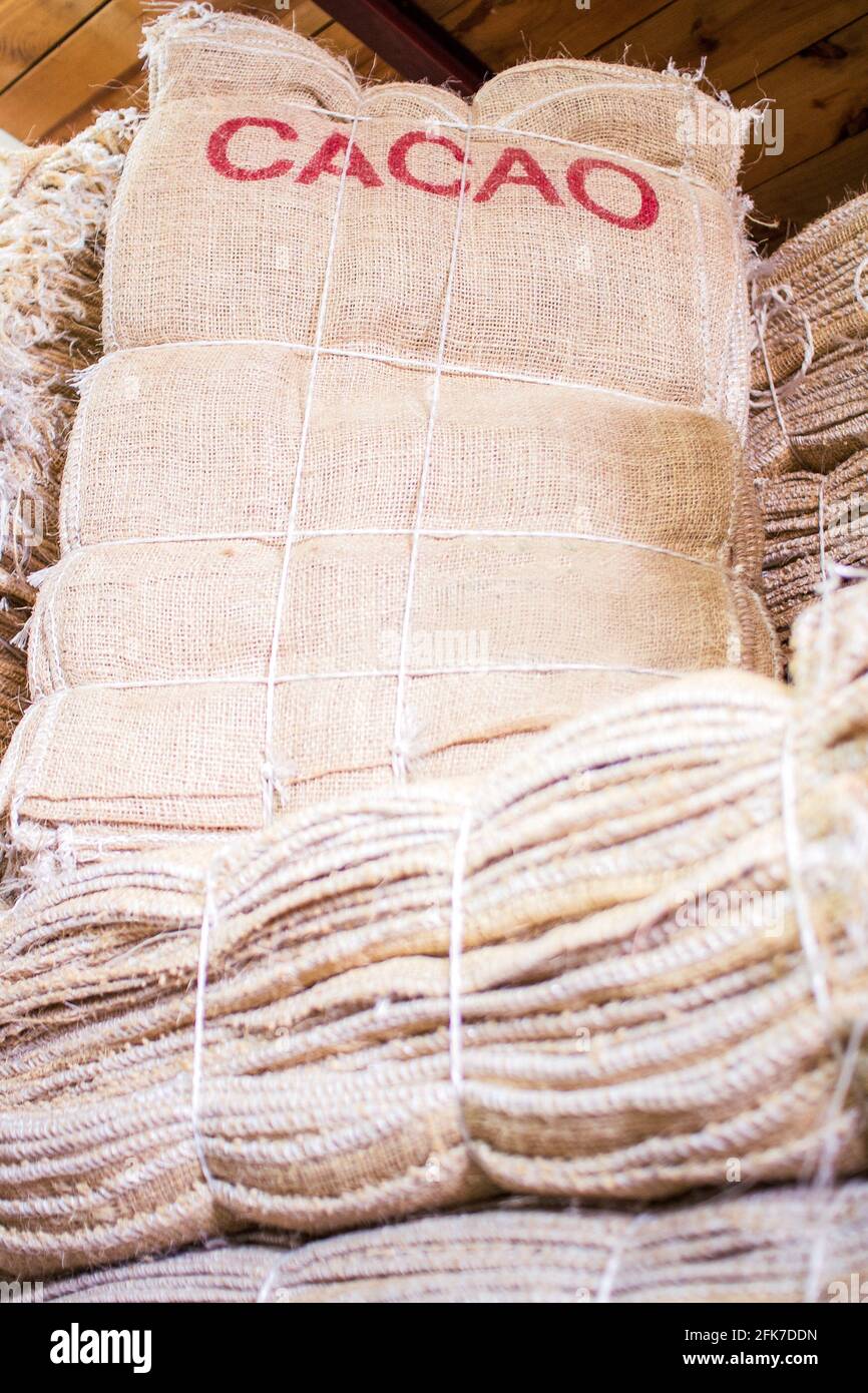 Vertical shot of a stack of jute sacks Stock Photo - Alamy