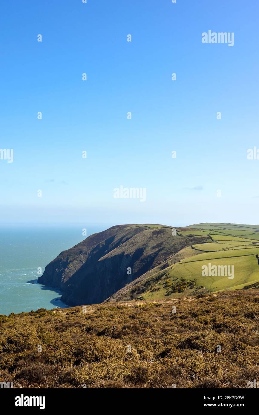 Scenic view over the cliff tops out to sea from high angle in landscape ...