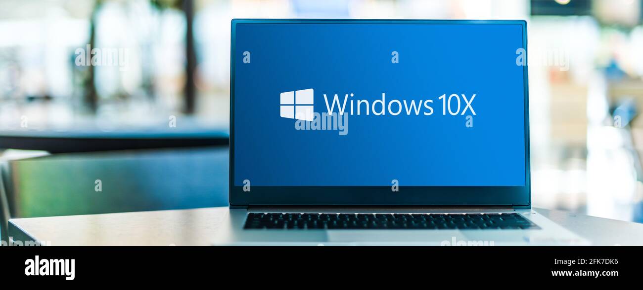 POZNAN, POL - MAR 15, 2021: Laptop computer displaying logo of Windows ...