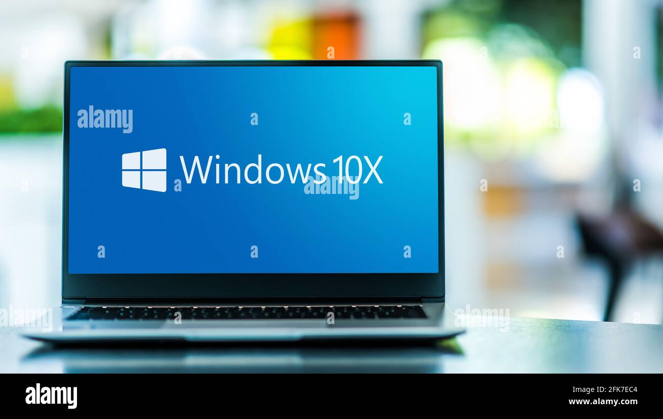 POZNAN, POL - MAR 15, 2021: Laptop computer displaying logo of Windows ...