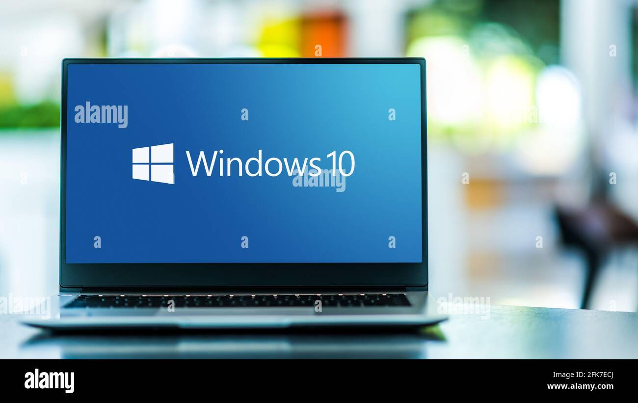 POZNAN, POL - MAR 15, 2021: Laptop computer displaying logo of Windows ...