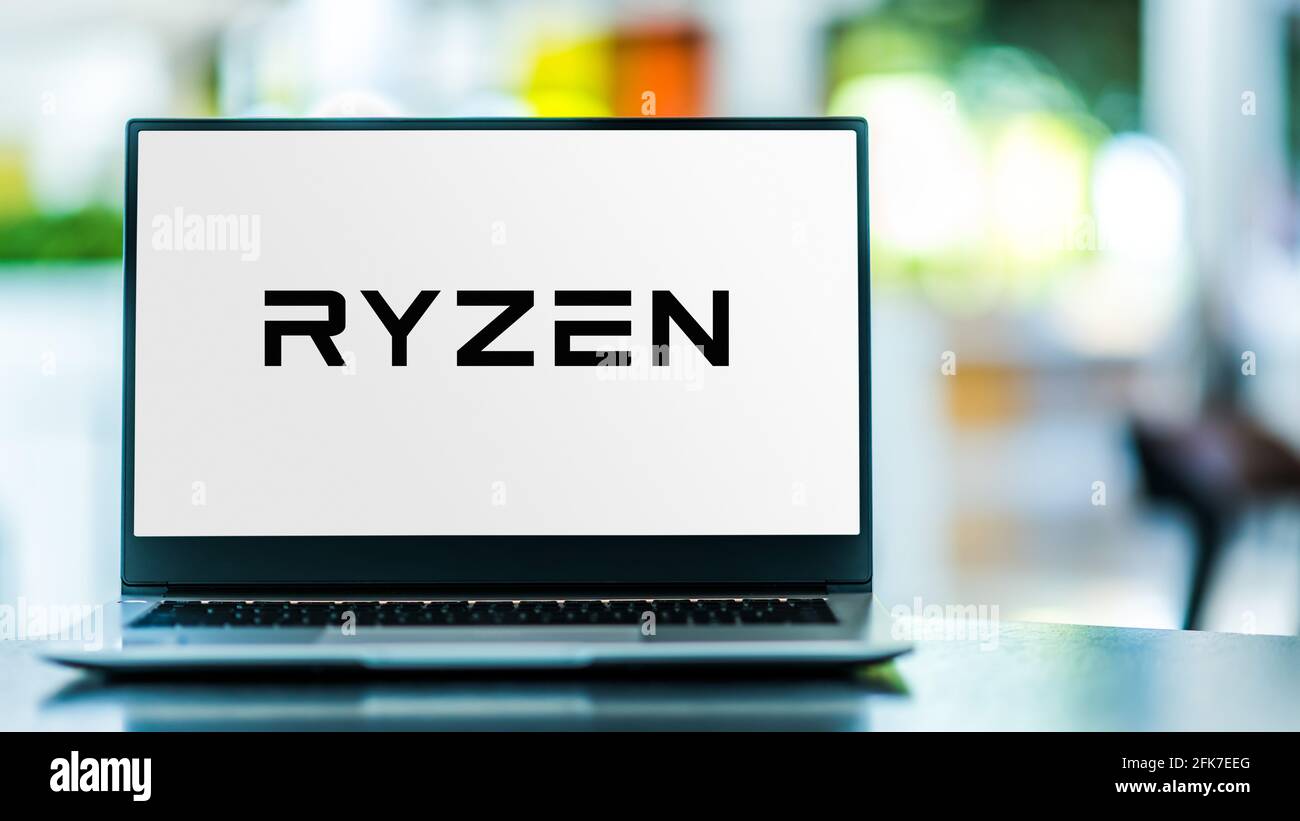 POZNAN, POL - APR 15, 2021: Laptop computer displaying logo of Ryzen, a ... POZNAN, POL - APR 15, 2021: Laptop computer displaying logo of Ryzen, a ...