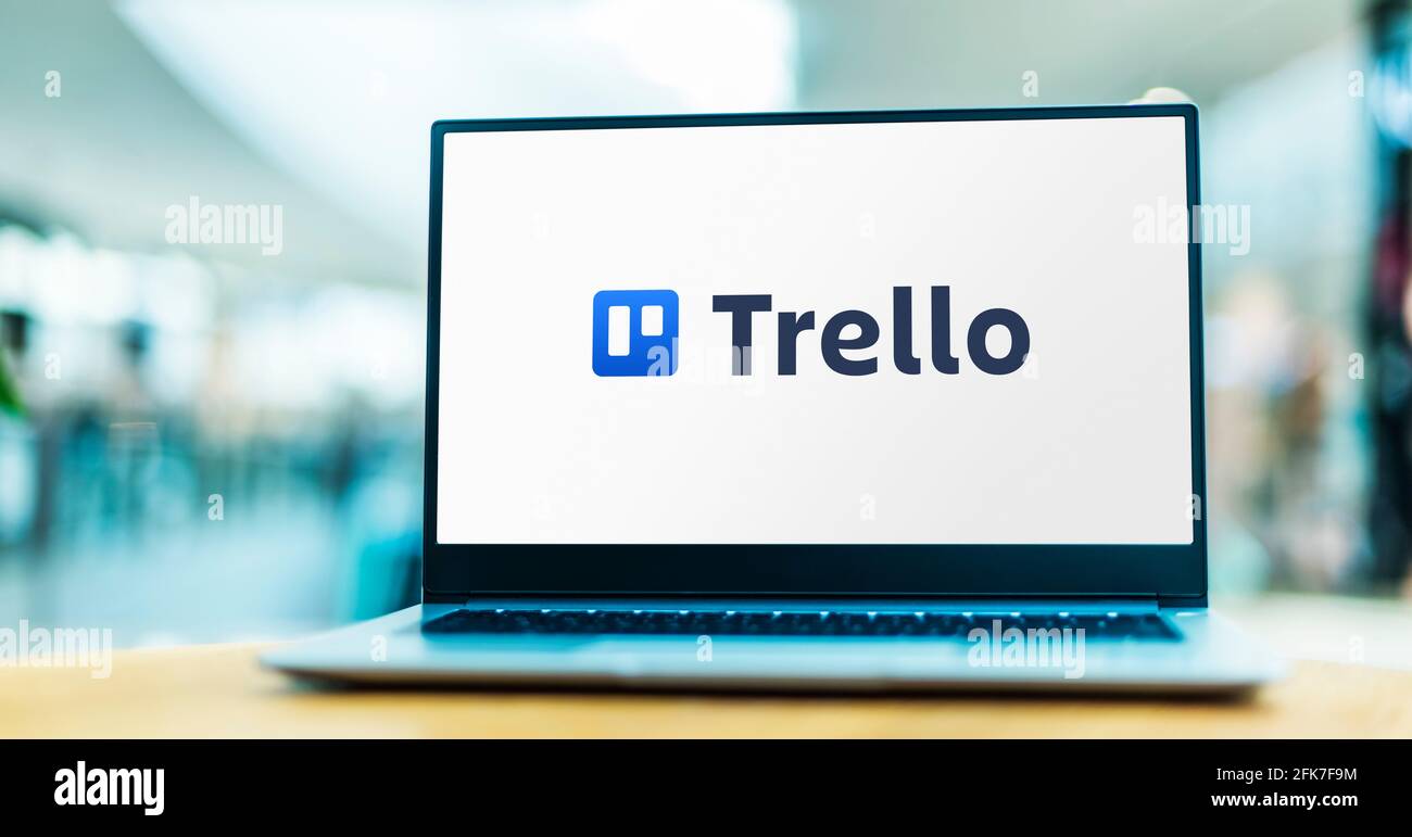 POZNAN, POL - APR 15, 2021: Laptop computer displaying logo of Trello ...