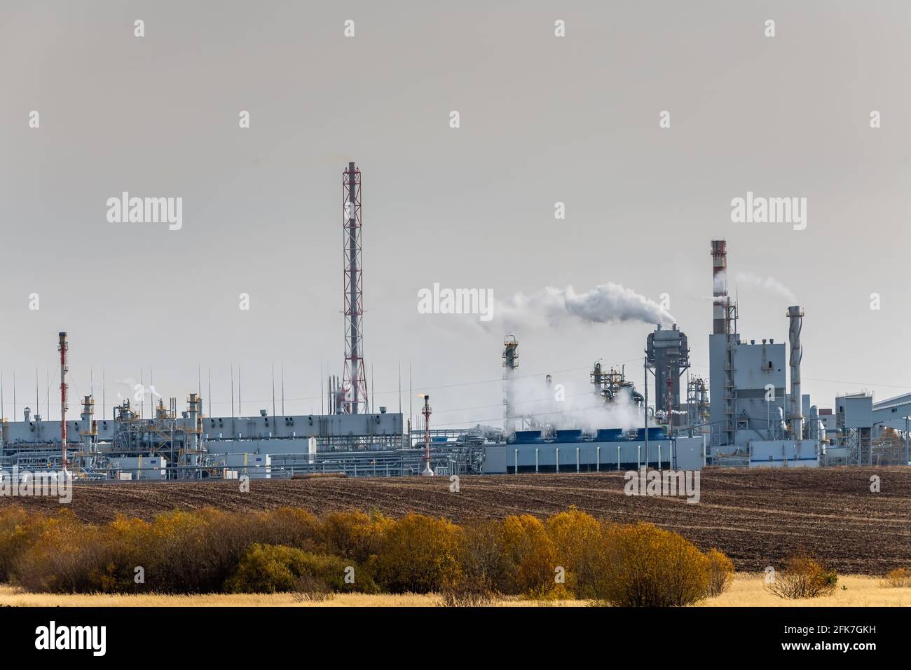 Chemical Plant factory with smoke stack. Smoke emission. Petrochemical ...