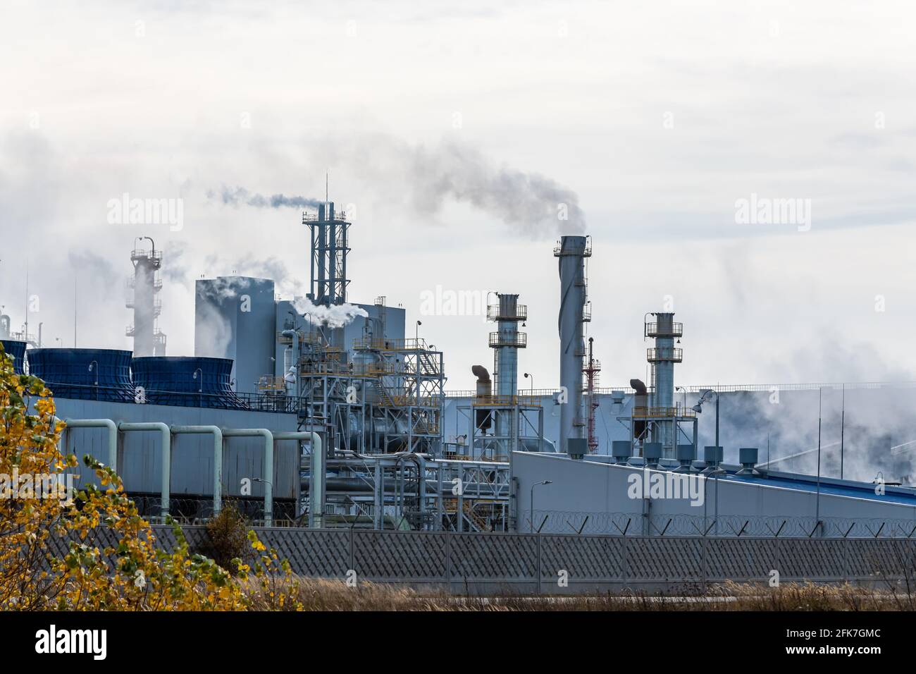 Chemical Plant factory with smoke stack. Smoke emission. Petrochemical ...