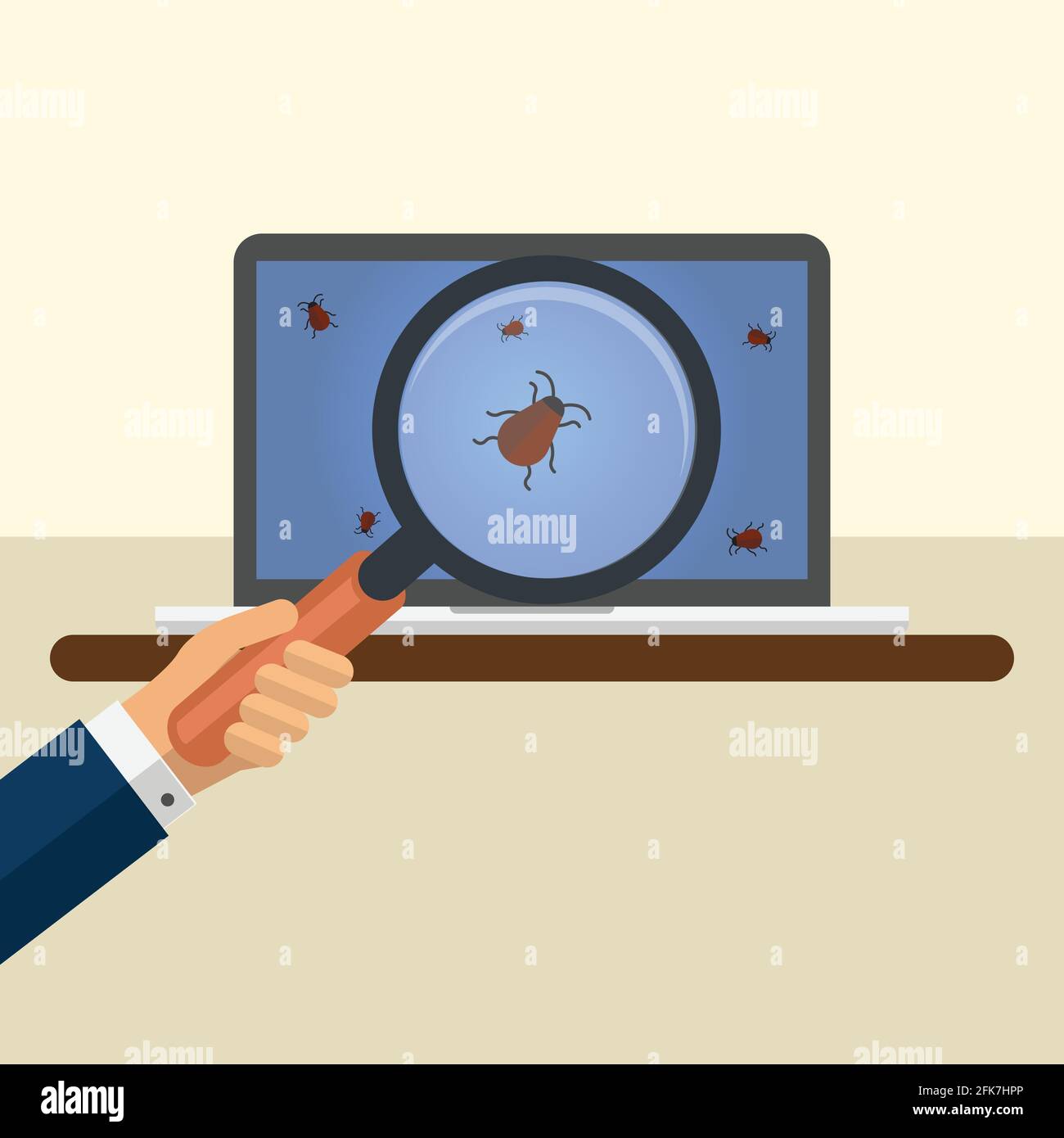 Hand holding a magnifying glass with bugs on a laptop screen Stock ...