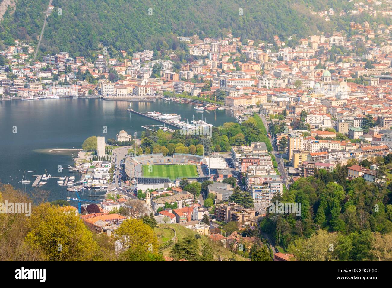 Panoramic aerial view of the city of Como facing the famous Lake Como ...