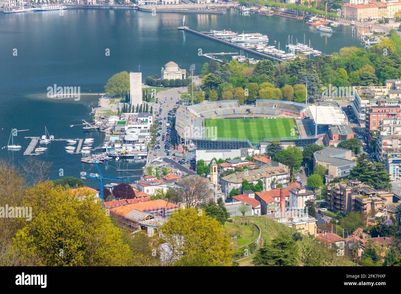 Aerial city detail of Como. here the football stadium on the lake ...