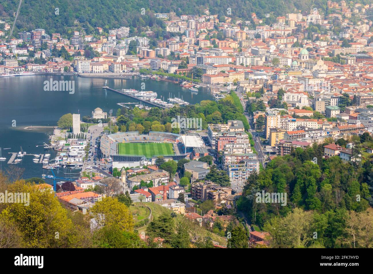 Panoramic aerial view of the city of Como facing the famous Lake Como ...