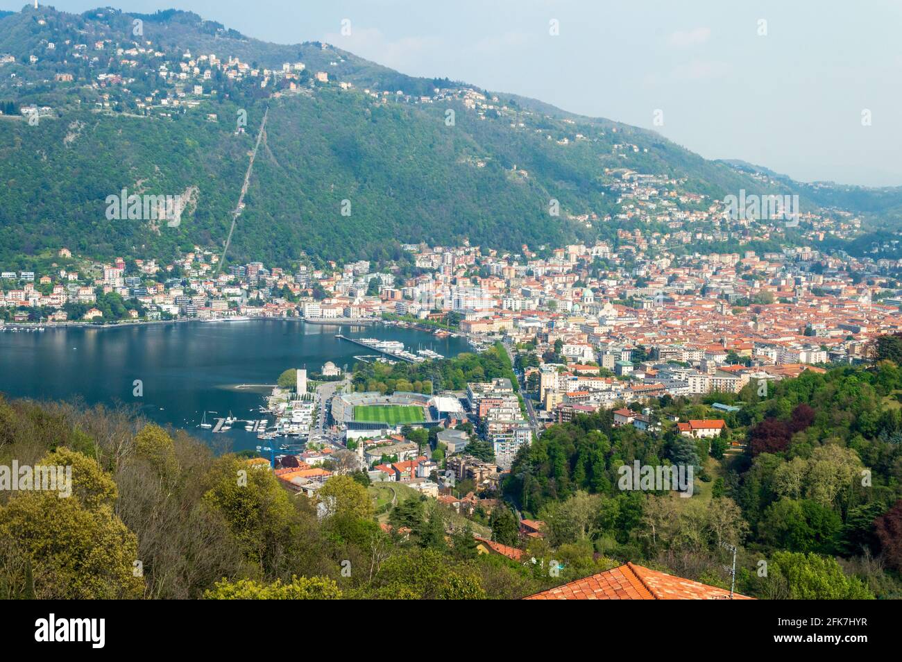 Panoramic aerial view of the city of Como facing the famous Lake Como ...