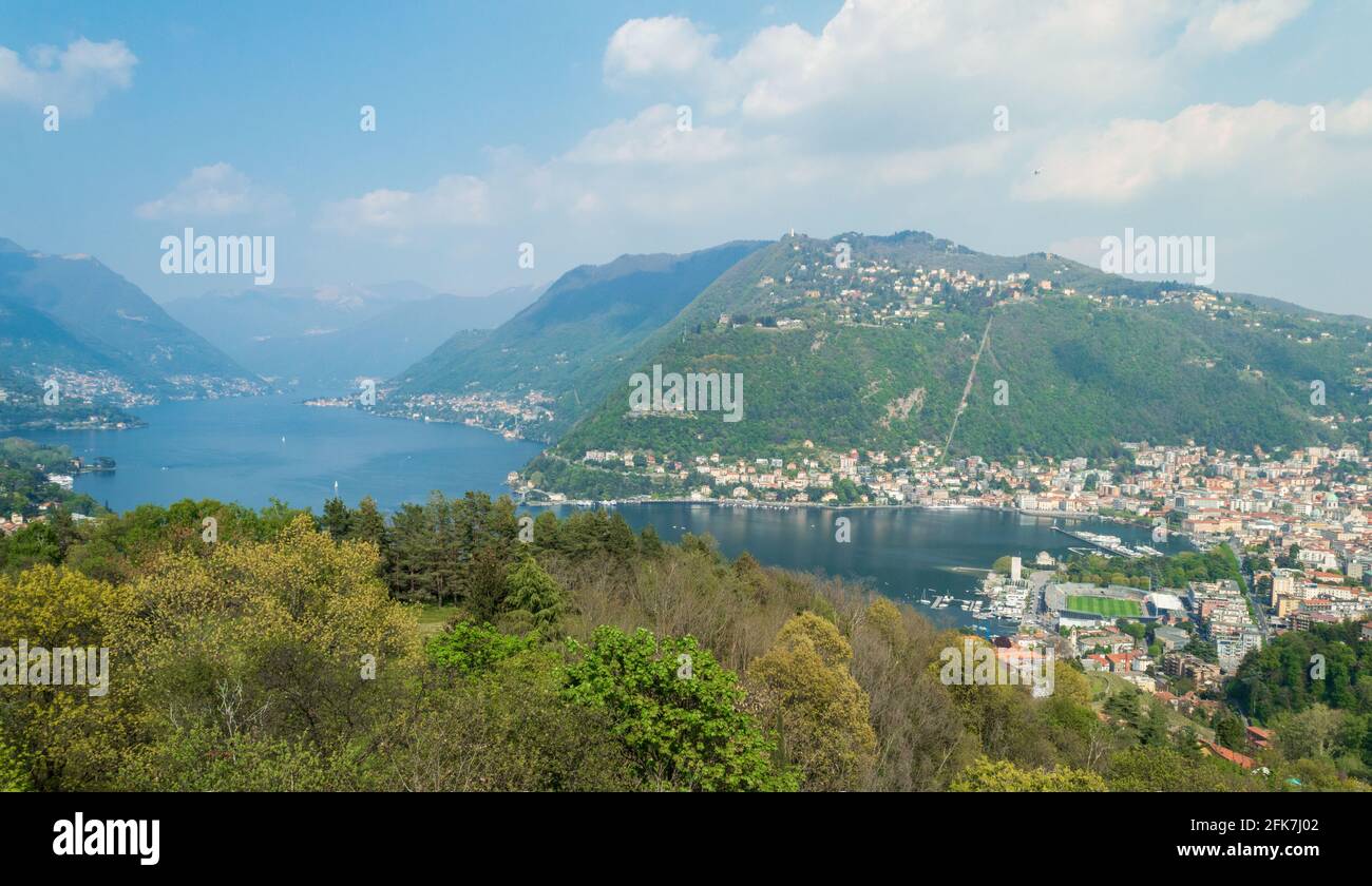 Panoramic aerial view of the city of Como facing the famous Lake Como ...