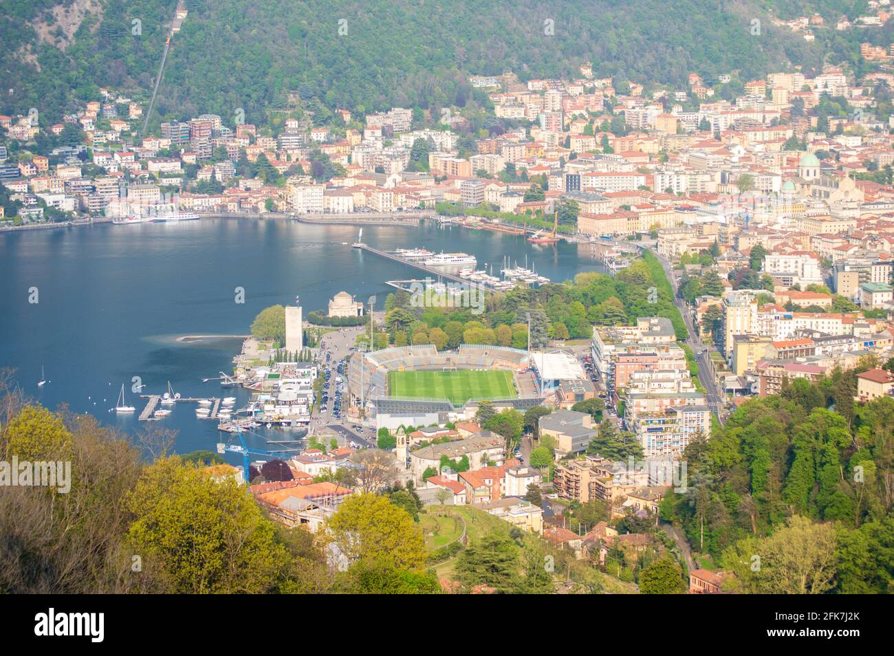 Aerial city detail of Como. here the football stadium on the lake ...