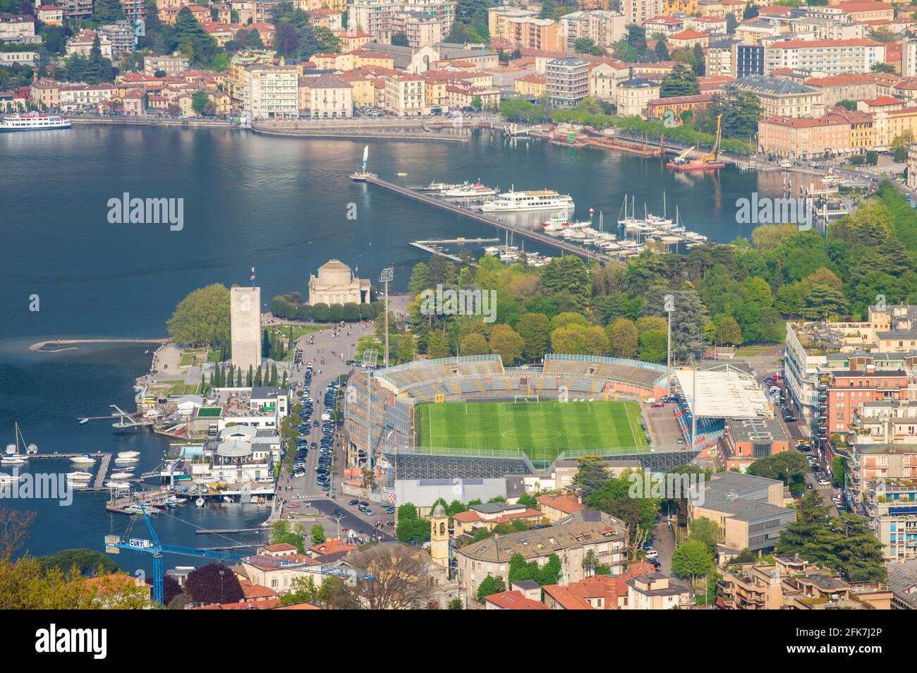 Aerial city detail of Como. here the football stadium on the lake ...