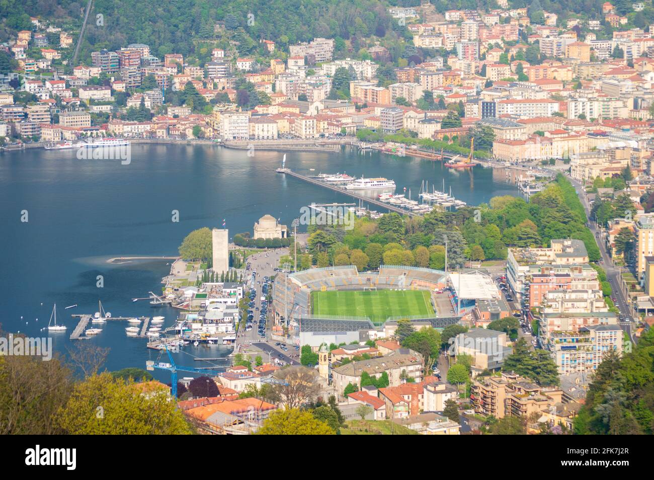 Aerial city detail of Como. here the football stadium on the lake ...