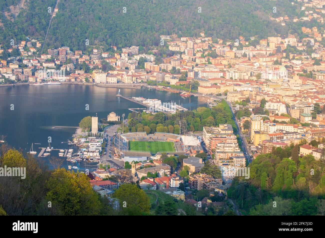 Aerial city detail of Como. here the football stadium on the lake ...