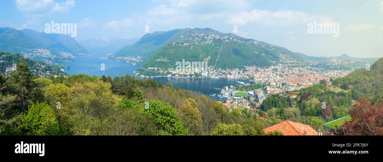 Panoramic aerial view of the city of Como facing the famous Lake Como ...