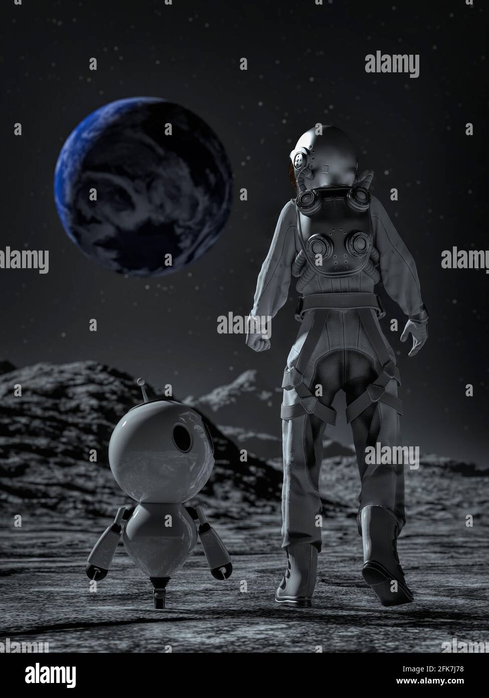 Astronaut and small robot at the spacewalk on the moon looking at the ...