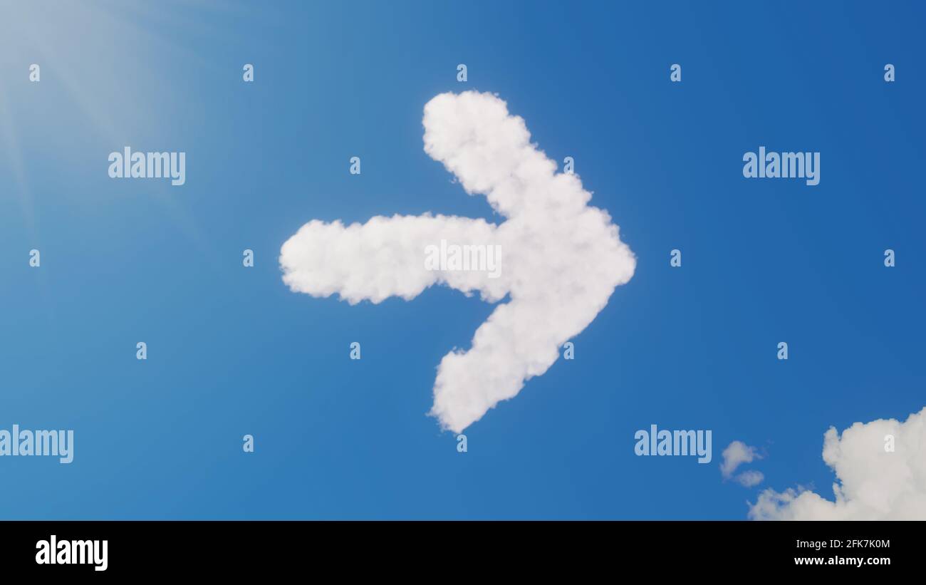 3d rendering of white fluffy clouds in shape of symbol of arrow right ...