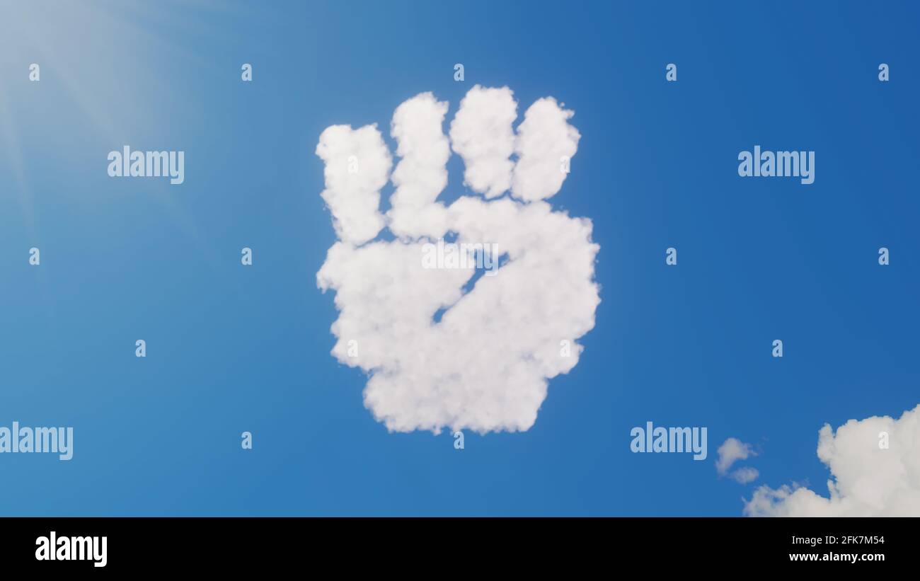 3d rendering of white fluffy clouds in shape of symbol of fist raised ...