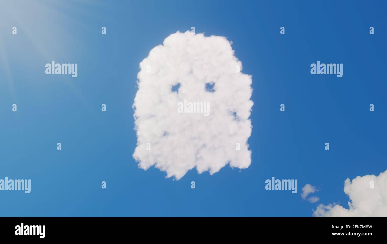 3d rendering of white fluffy clouds in shape of symbol of ghost on blue ...