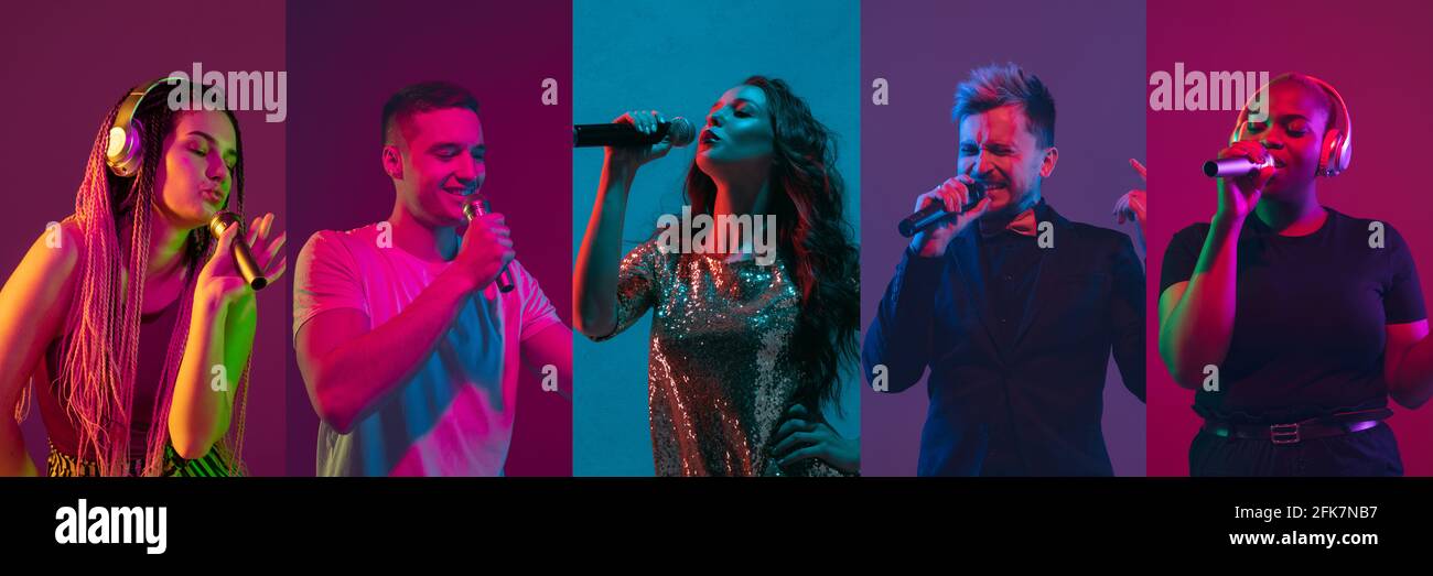 Portrait of group of people on multicolored background in neon light ...