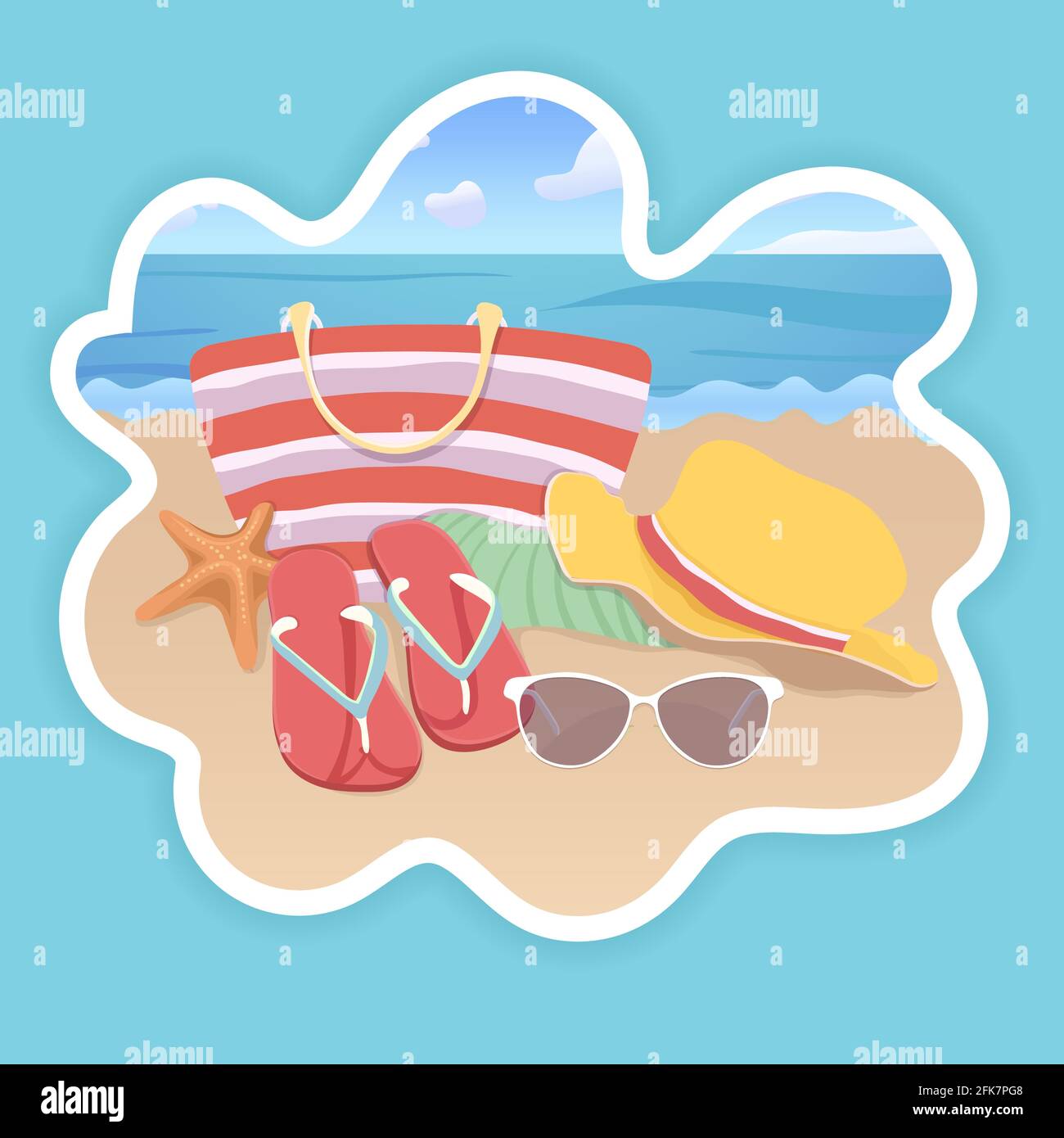 Beach accessories, flat illustration, summer vacation sticker design ...