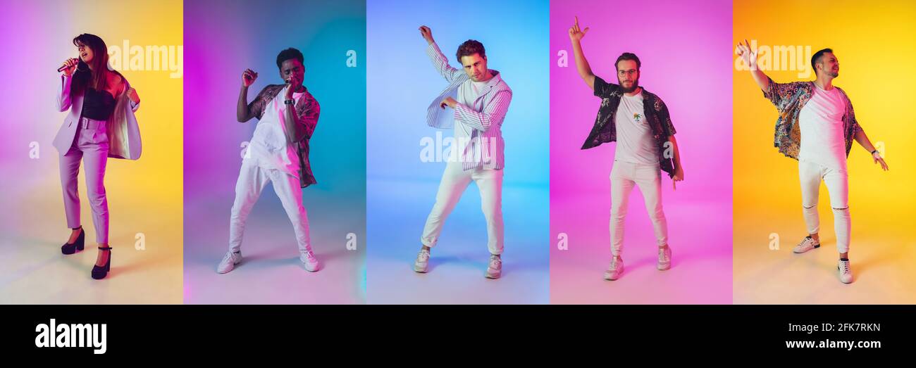 Portraits of group of people on multicolored background in neon light ...