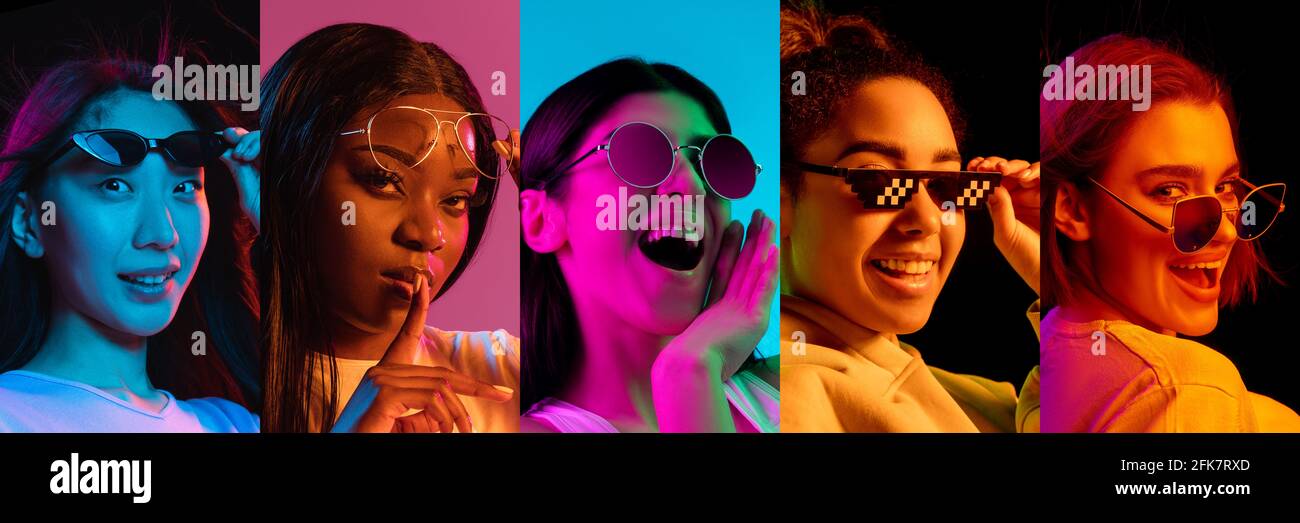 Portraits of group of people on multicolored background in neon light ...