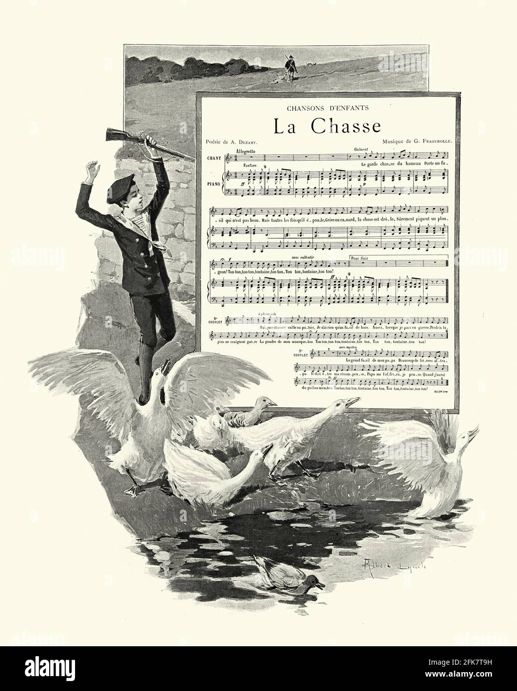 Victorian music sheet boy chasing flock of geese Stock Photo - Alamy