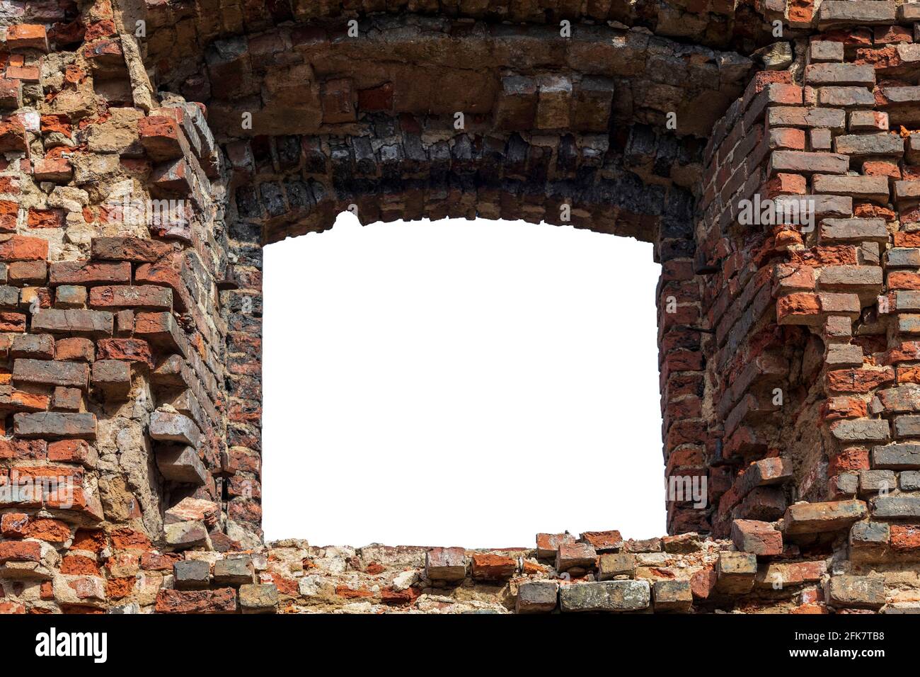 red brick wall with a hole in the middle. isolated on white background ...