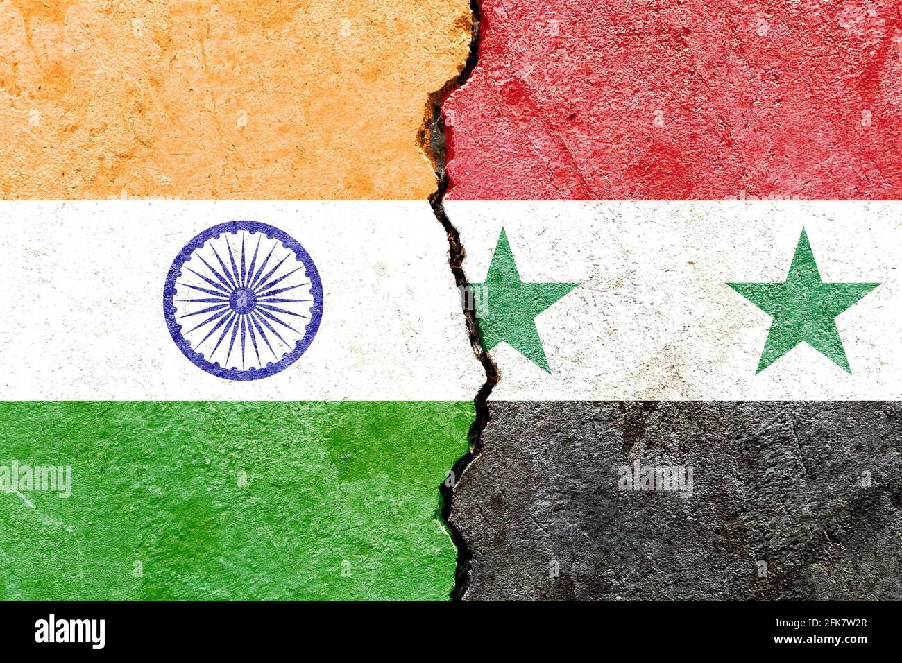 Closeup shot of the flags of India and Syria on a cracked wall Stock ...