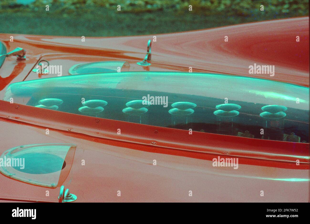 Bonnet detail of a V12-engined racing Ferrari n the Paddock at the ...