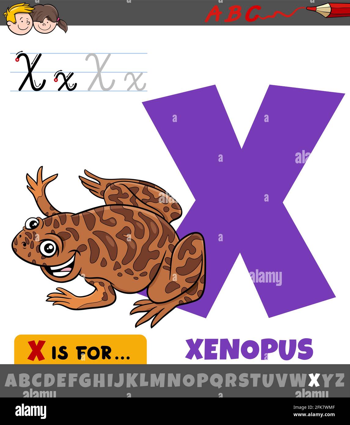 Educational cartoon illustration of letter X from alphabet with xenopus ...