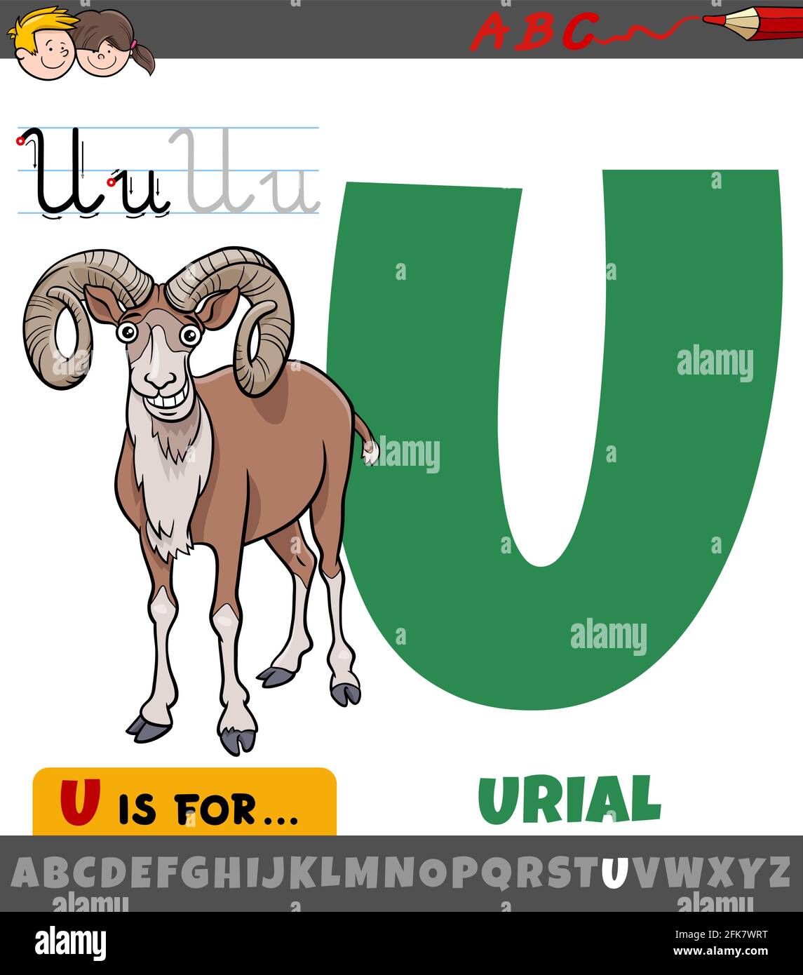 Educational cartoon illustration of letter U from alphabet with urial ...