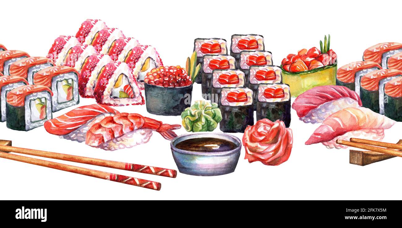 Seamless border japanese cuisine. Background with different sushi ...