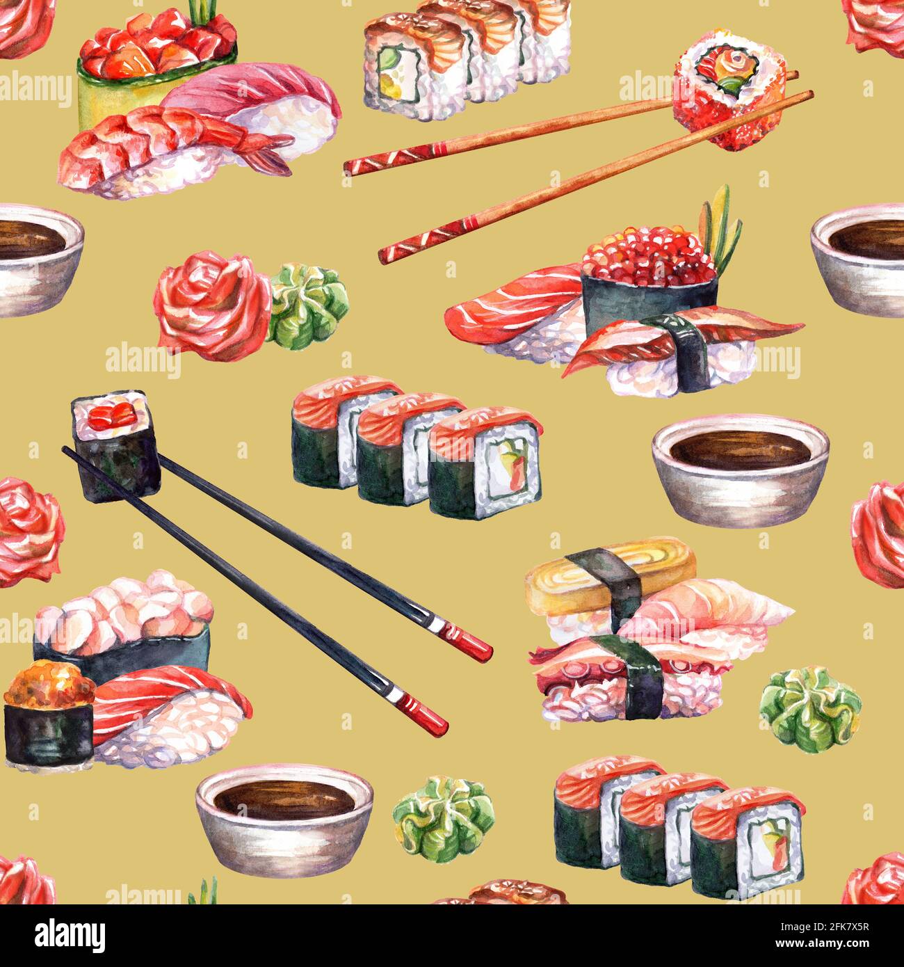 Seamless pattern japanese cuisine rolls with chopsticks, watercolor ...