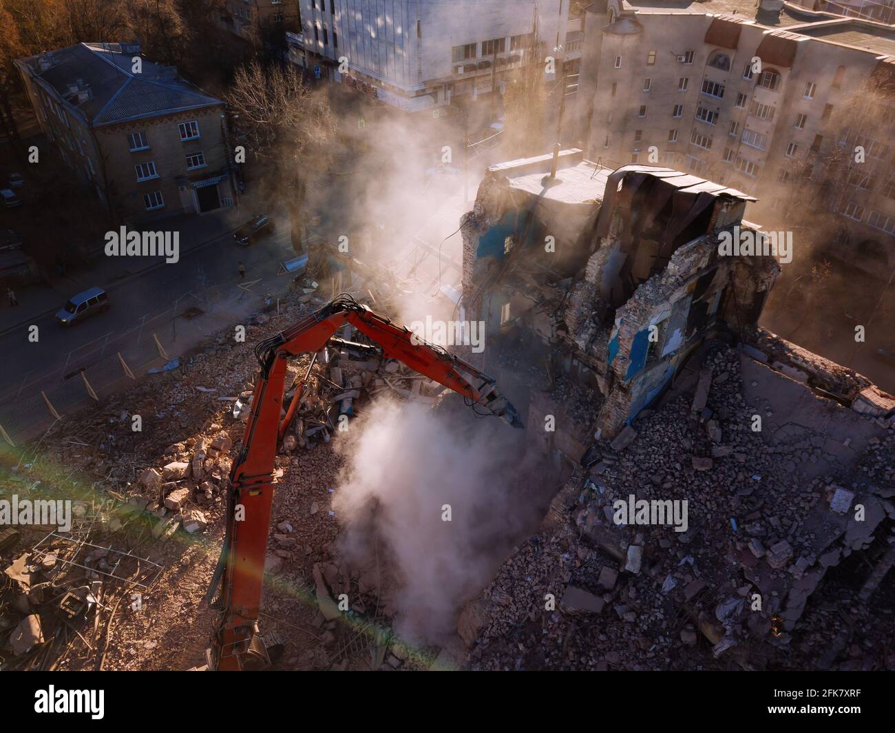 Aerial view of demolition site. Process of demolition of old industrial ...