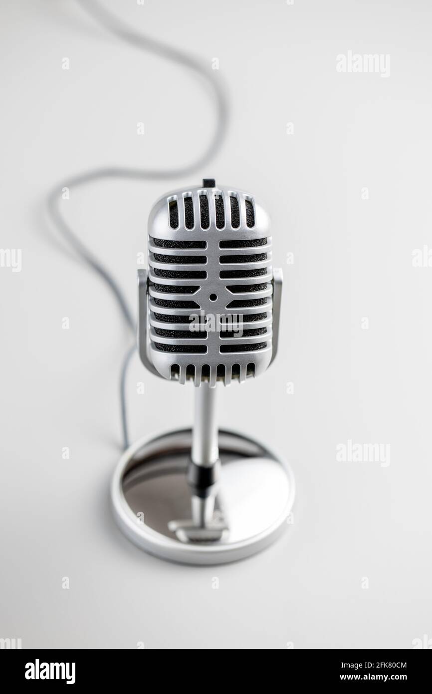 Metal retro microphone. Vintage microphone on gray background Stock ...